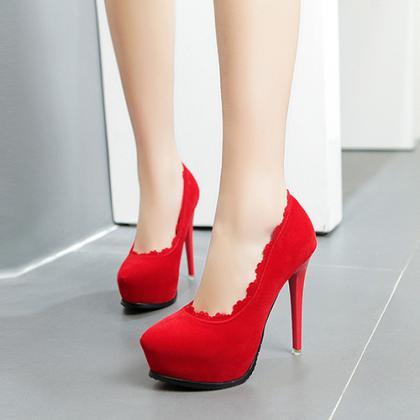 Fashion Round Closed Toe Stiletto Super High Heel Red Suede Basic Pumps ...