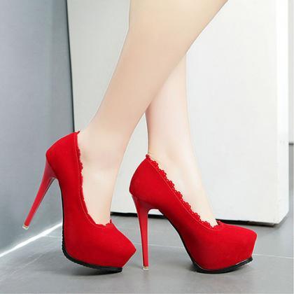 Fashion Round Closed Toe Stiletto Super High Heel Red Suede Basic Pumps ...
