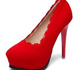 Fashion Round Closed Toe Stiletto Super High Heel Red Suede Basic Pumps ...