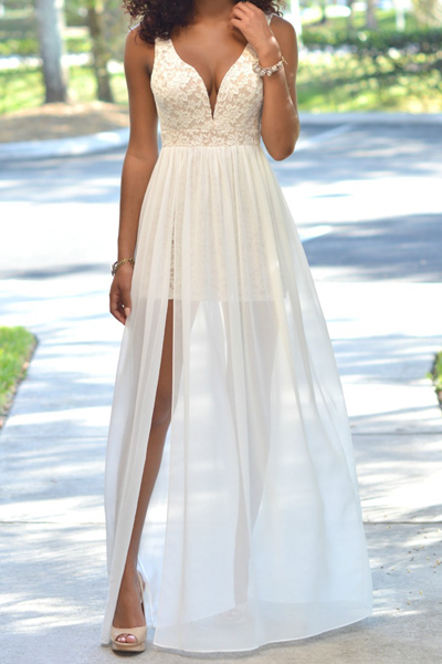Sexy V Neck Spaghetti Strap Sleeveless V Shape Backless Side Split